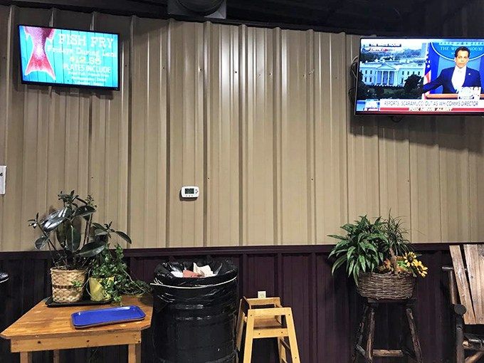 Television screens and potted plants – because even in barbecue paradise, sometimes you need to check the score while communing with smoked meat.