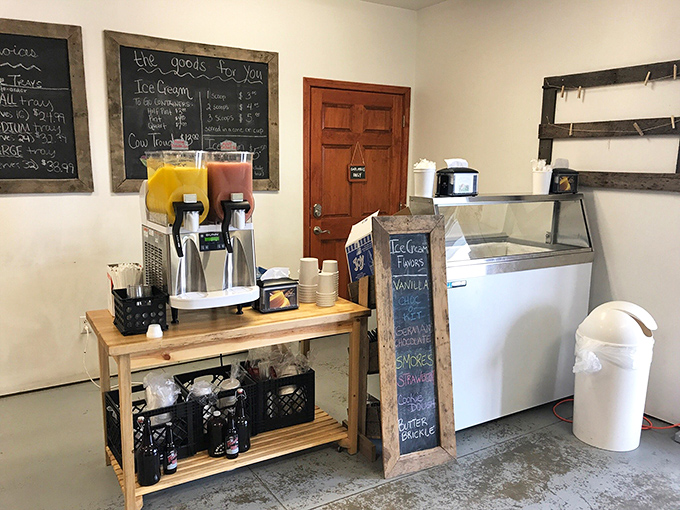 Ice cream parlor minimalism at its finest. Those flavor boards and freezer cases hold more happiness than most amusement parks.