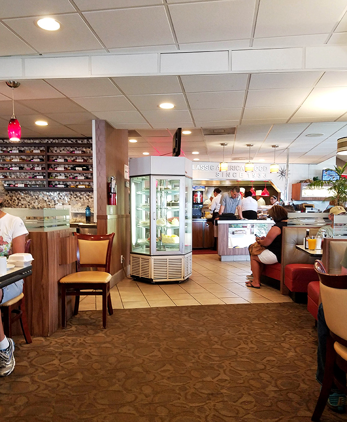 Where desserts tempt from glass cases and regulars debate the merits of pie versus cake. The spinning stools are for kids of all ages.