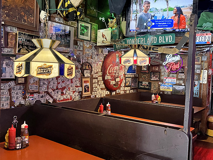 Every booth and table tells a story, with walls plastered in memorabilia that create a museum of Americana you can eat in.