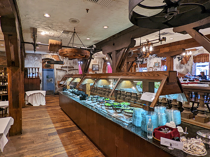 The salad bar isn't an afterthought but a carefully curated spread housed in what might have once been part of the mill's operations.