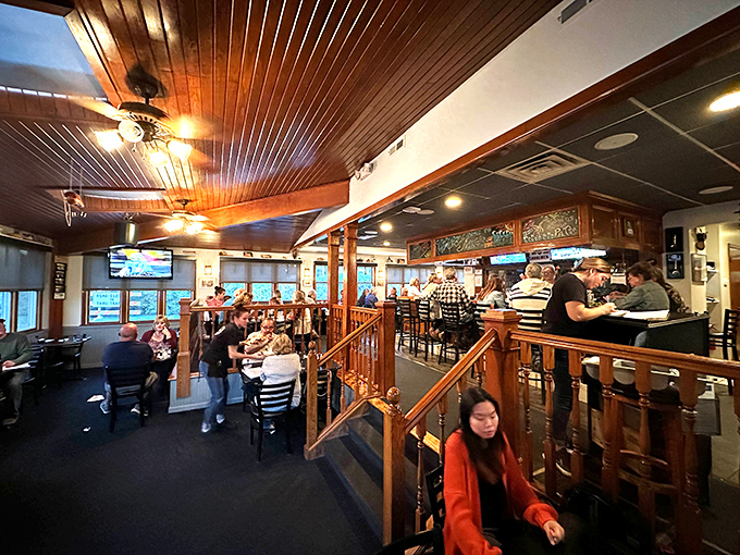 The split-level dining room offers that rare combination of spaciousness and coziness, like your favorite aunt's house&mdash;if she could cook for 50.