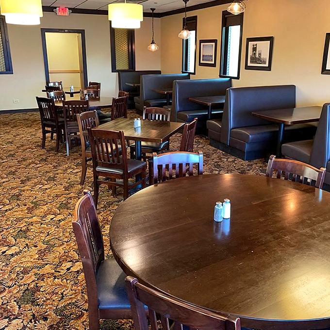 A dining room that says "stay awhile" with comfortable booths and just enough space between tables that you won't hear the next table's life story.