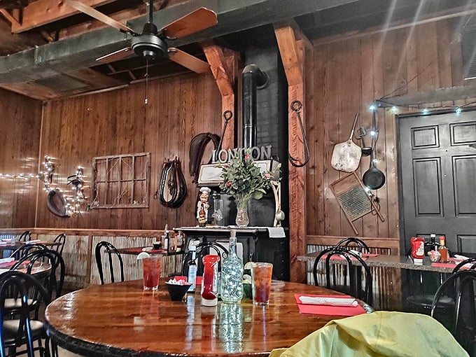 Every corner of the dining room tells a story, with "London" proudly displayed amid rustic charm. Tables that have witnessed countless celebrations and everyday joys.