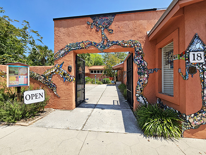 The Island Art Association Gallery welcomes visitors with a mosaic octopus that would make Neptune himself stop for a selfie.