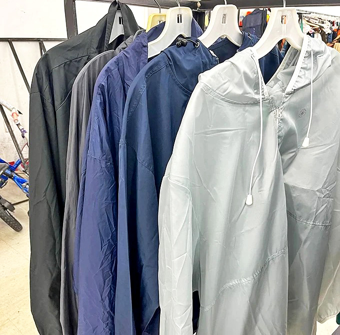A lineup of lightweight jackets in blues and grays&mdash;perfect for Georgia's notoriously fickle spring weather. Practical fashion at impractical prices. 