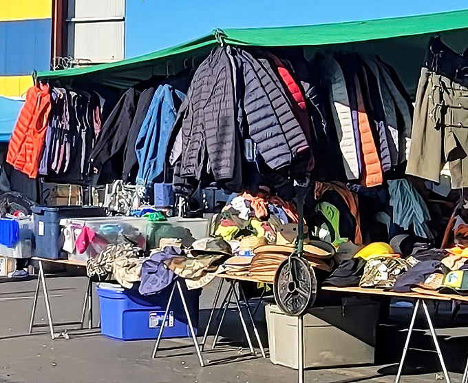 Jacket junction! Where puffy coats and windbreakers hang like colorful stalactites, waiting for the next Bay Area cold snap.