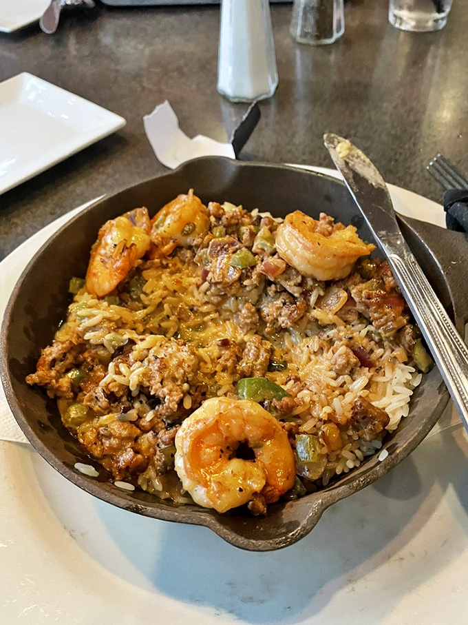 Jambalaya that brings New Orleans to Pennsylvania. Those shrimp look like they're trying to escape, but your fork won't let them.