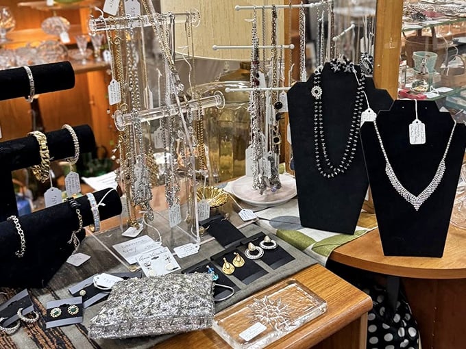 Sparkle spanning decades! This jewelry display offers everything from grandmother's rhinestones to statement pieces that would make any outfit pop.