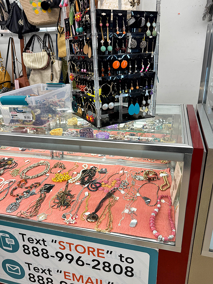 Behind glass cases, jewelry sparkles with possibility&mdash;some costume, some possibly genuine, all priced for guilt-free acquisition.