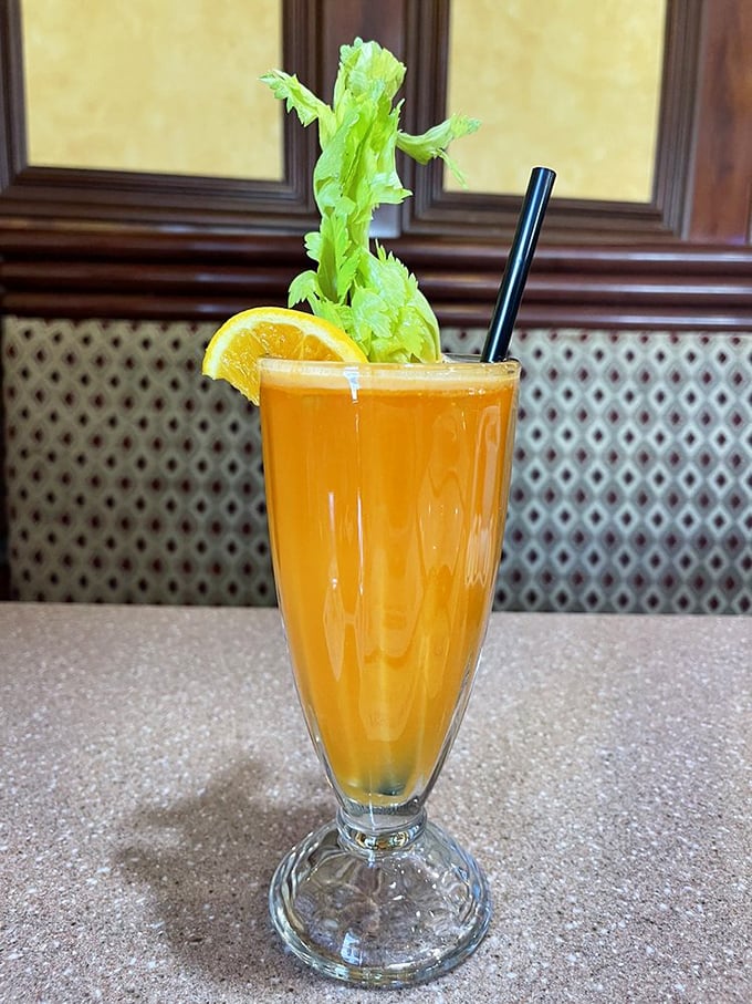A sunrise in a glass &ndash; fresh juice garnished with celery and orange that makes you feel virtuous even as you contemplate ordering that side of bacon.