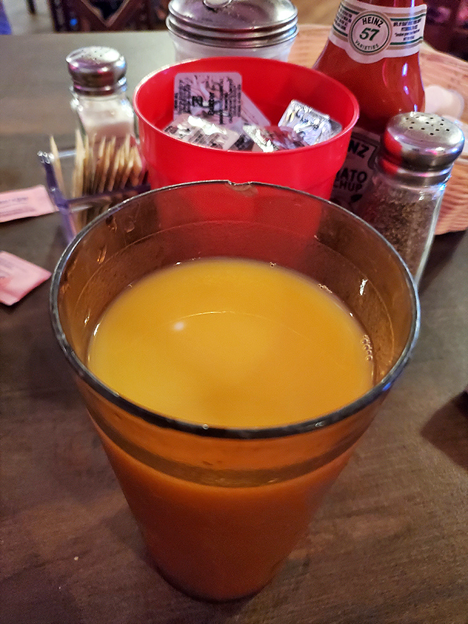 Fresh-squeezed orange juice that tastes like Florida sunshine in a glass. The perfect companion to those table condiments standing at attention.