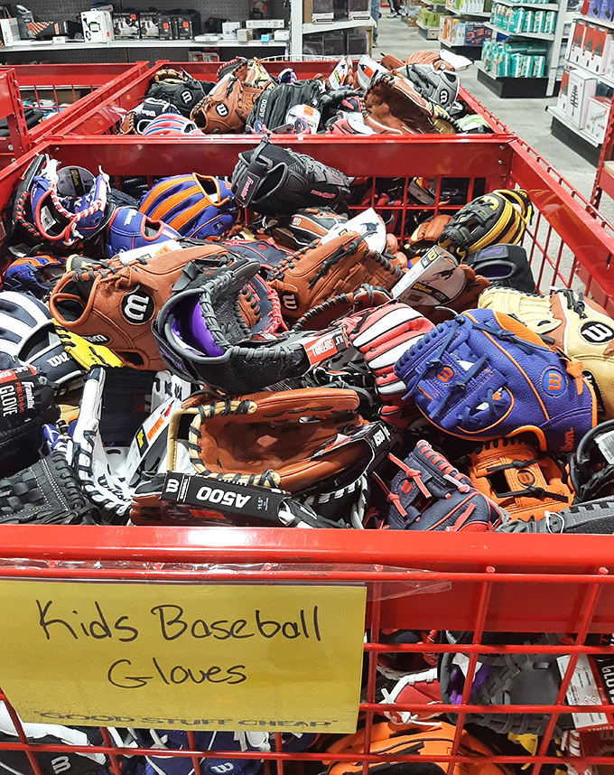 Baseball glove bonanza! Somewhere in this treasure chest of leather is the mitt that will catch your kid's first pop fly—and save your budget.