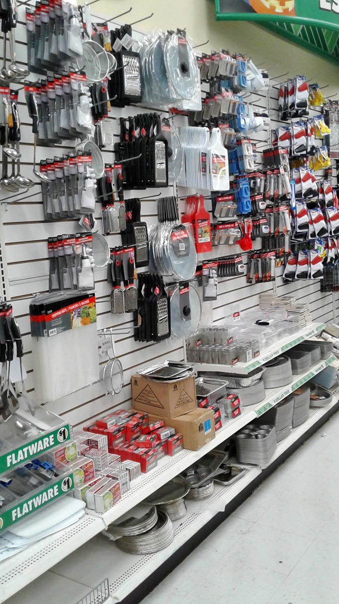 Kitchen gadgets galore hanging like culinary constellations. Amateur chefs and professional parents find tools for every cooking crisis here.