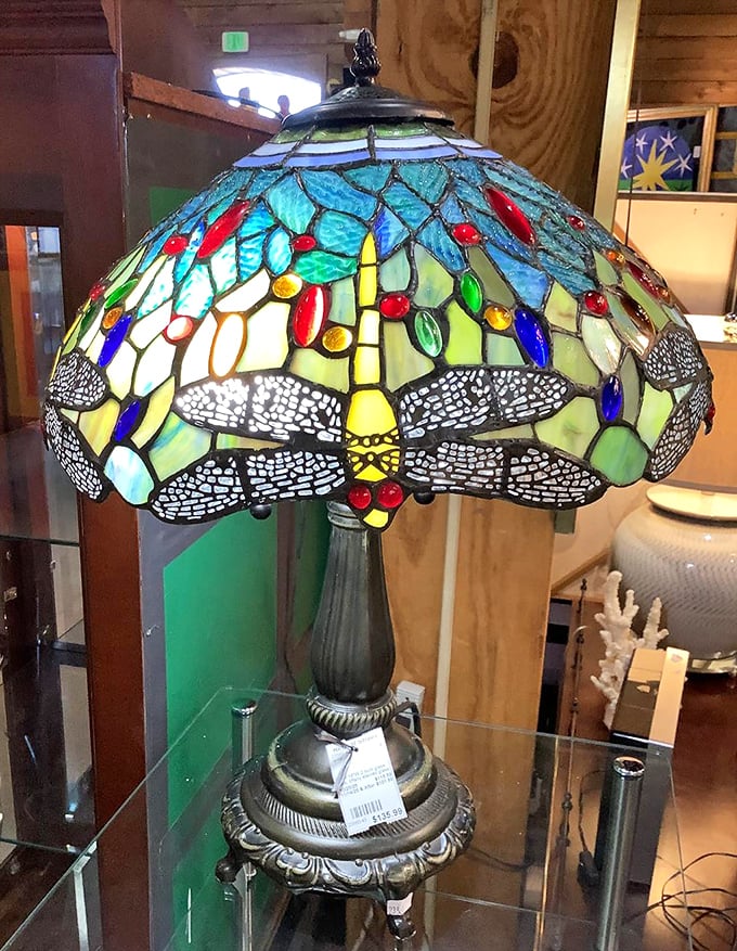 This Tiffany-style dragonfly lamp doesn't just illuminate a room &ndash; it transforms it into a stained-glass sanctuary of color.