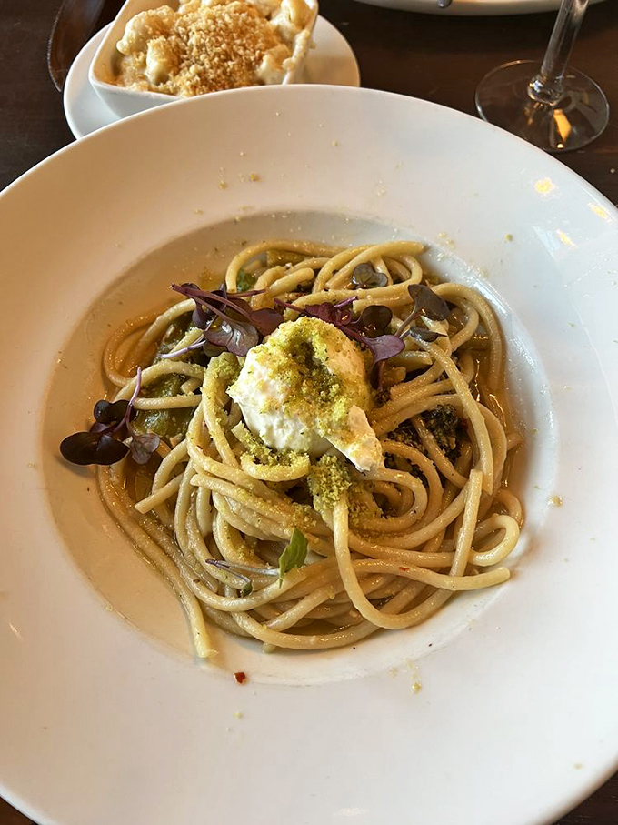 Bucatini pasta with fresh herbs and burrata&mdash;Italy meets New England in a dish that would make both your Italian grandmother and Yankee grandfather approve.