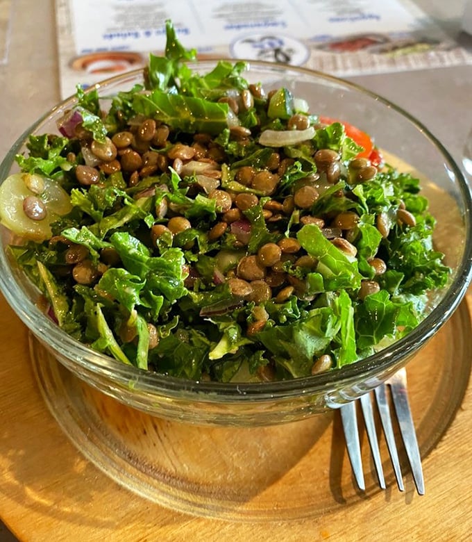 A lentil salad that could convert carnivores. Fresh greens and perfectly cooked legumes dance together in a dressing that ties everything together.