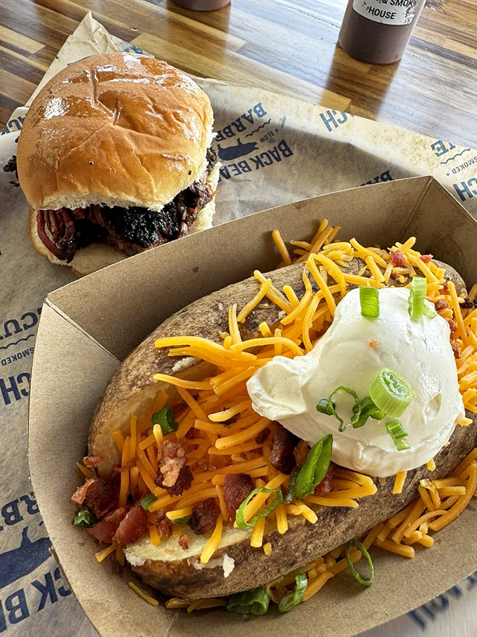 The loaded baked potato and sandwich combo&mdash;because sometimes you need carbs with your carbs to properly appreciate smoked meat.