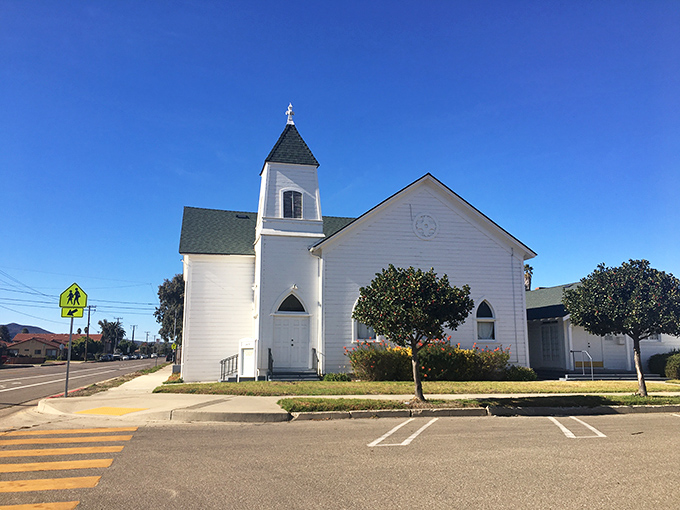 This pristine white church with its simple steeple represents the architectural charm and spiritual heritage that anchors many small California communities.