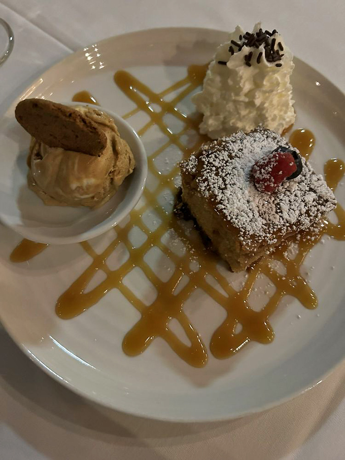 Dessert trifecta: where caramel drizzles like modern art, whipped cream stands tall, and cake becomes the canvas for sweet perfection.