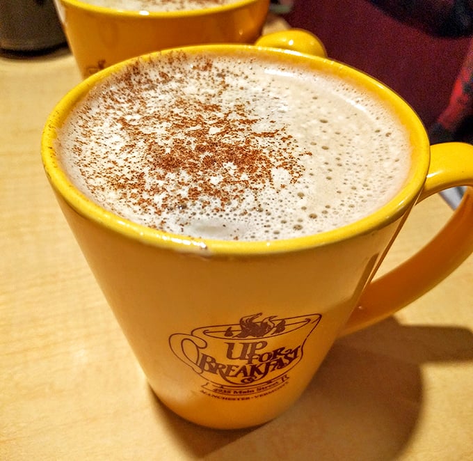 This maple latte in its sunshine-yellow mug isn't just coffee&mdash;it's Vermont's liquid gold transformed into morning motivation.