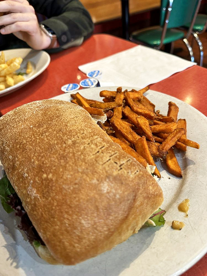 This sandwich isn't just lunch &ndash; it's a monument to carb-loaded bliss. Golden fries stand guard beside a perfectly toasted creation.