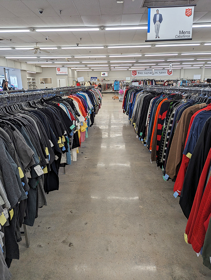 The men's department stretches to the horizon. Like an archaeological dig through fashion history, every rack holds potential style gold.