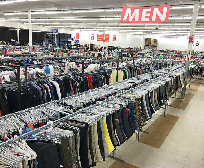 The men's department: where Hawaiian shirts from vacations past find new adventures and business suits await their next big interview.