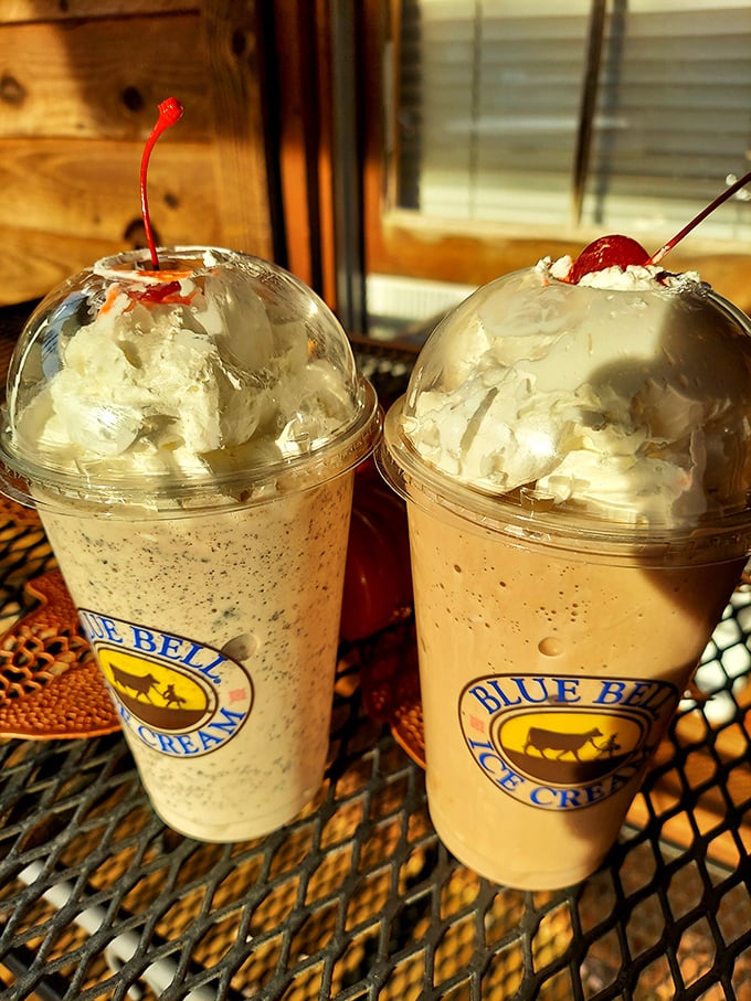 Milkshake magic in its purest form! Blue Bell ice cream transformed into sippable joy, topped with whipped cream and that essential cherry on top.
