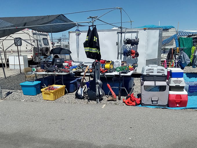 The ultimate garage sale tableau&mdash;where fishing gear meets coolers meets firefighter pants in the great democracy of secondhand commerce.