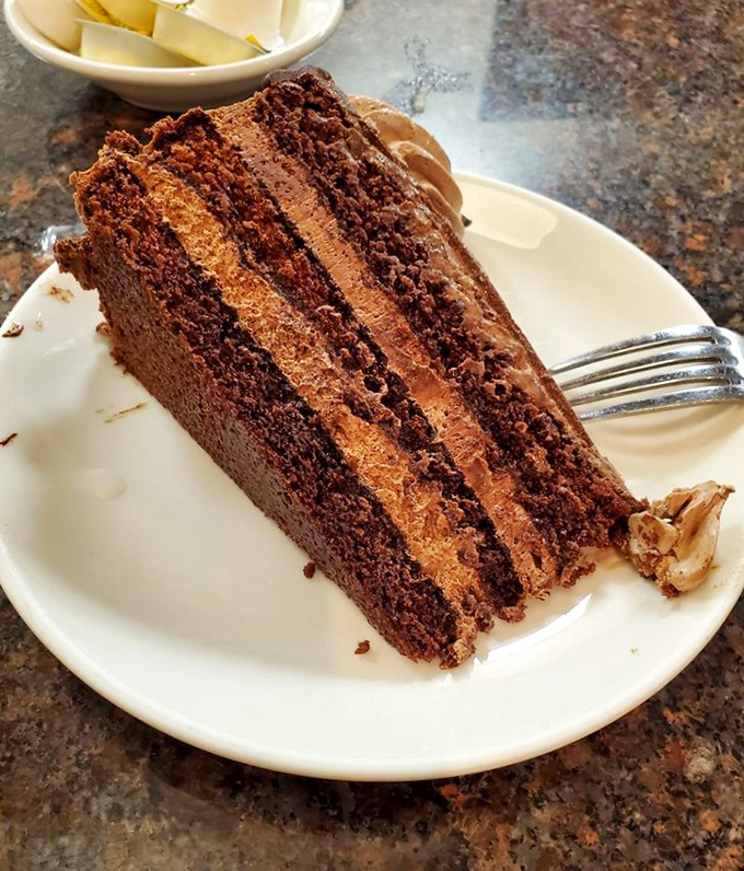 A slice of chocolate cake so decadent it should require a permission slip. Layer upon layer of proof that calories don't count when they taste this good.