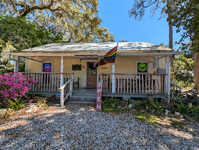 Mosswood's cheerful yellow facade and welcoming porch swing invite visitors to step back in time while shopping for thoroughly modern treasures.