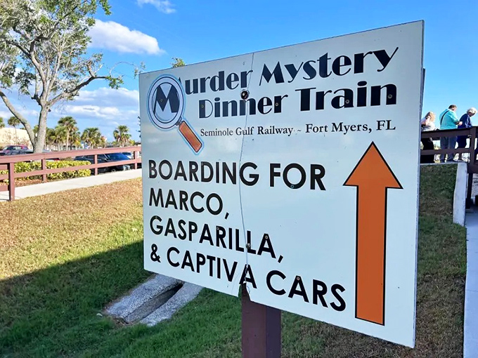 Murder Mystery Dinner Train this way&mdash;six words that promise an evening far more entertaining than scrolling through Netflix.