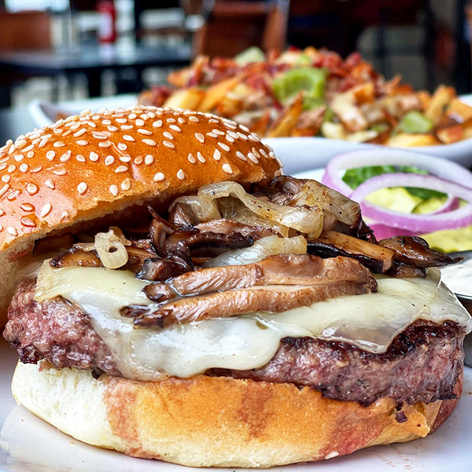 A mushroom Swiss burger that makes you wonder why anyone bothers with plain cheeseburgers. Umami bomb in handheld form.