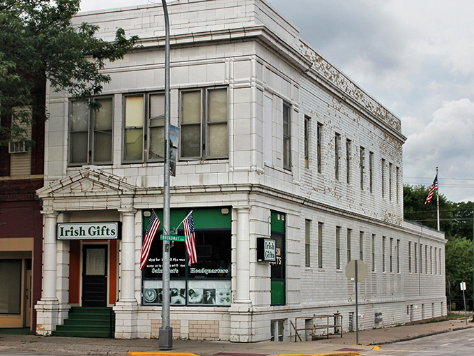 The former National Bank Building now houses Irish Gifts, celebrating Emmetsburg's heritage in a structure that's as solid as the town's financial appeal.