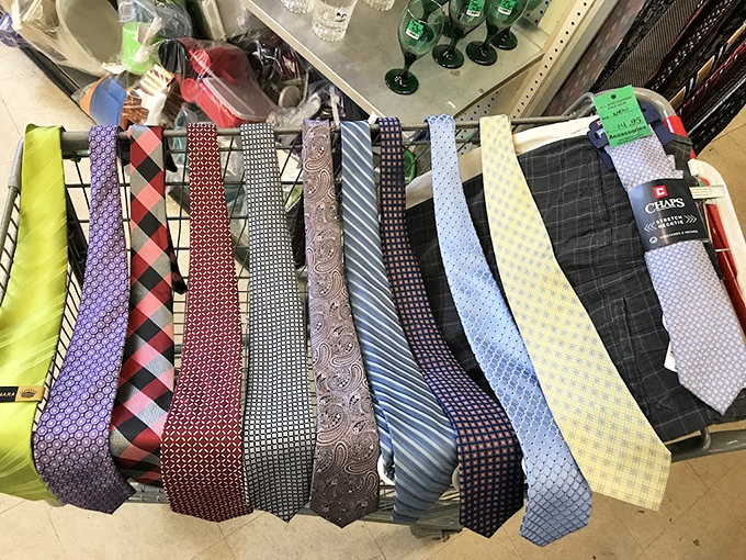 Neckties in every pattern imaginable hang like colorful stalactites. The perfect silk accessory for your next Zoom call awaits discovery.