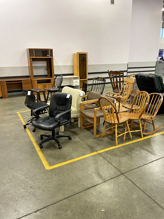 Office chairs and dining sets mingle like guests at a furniture cocktail party.