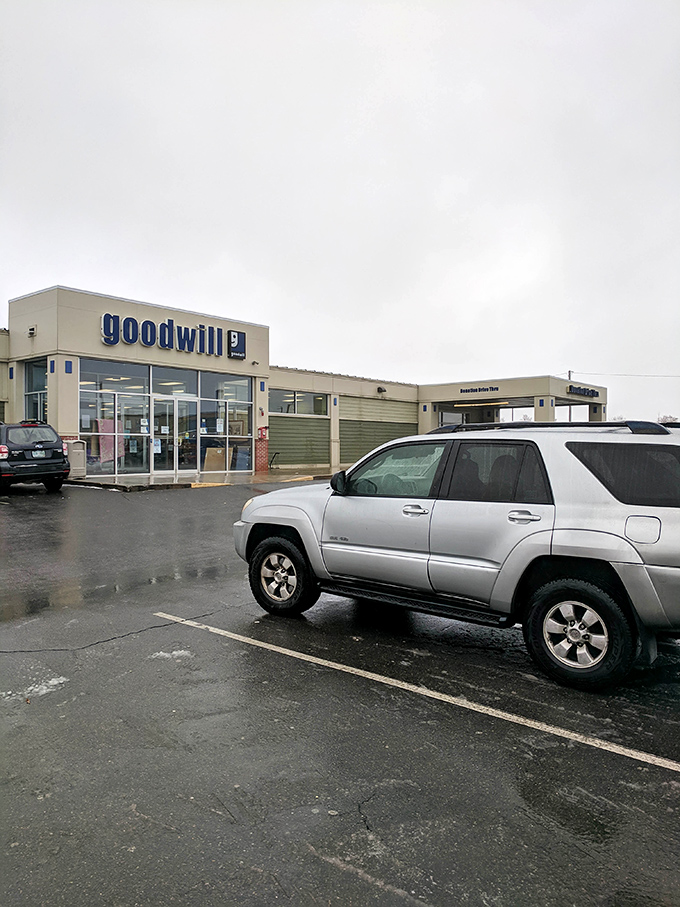 Even on rainy days, the Manchester Goodwill beckons with the promise of dry aisles and unexpected treasures.