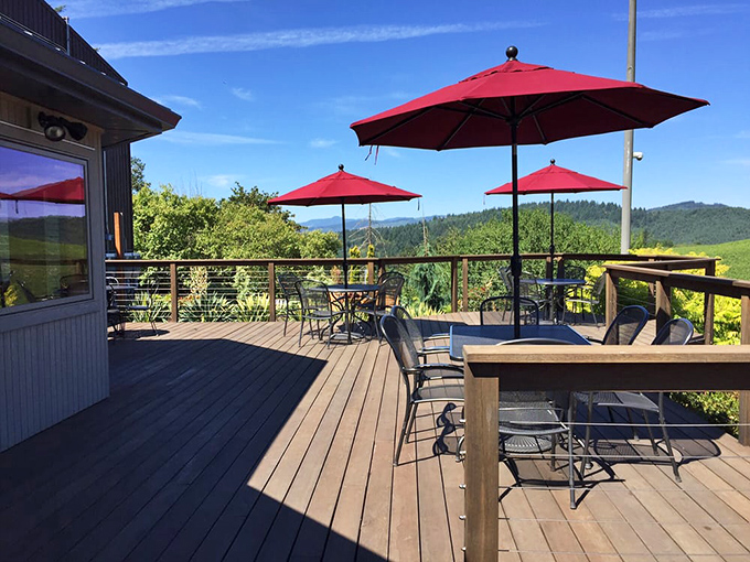 The deck where time stands still. Red umbrellas, blue skies, and vineyard views that make checking your phone seem like an act of treason.