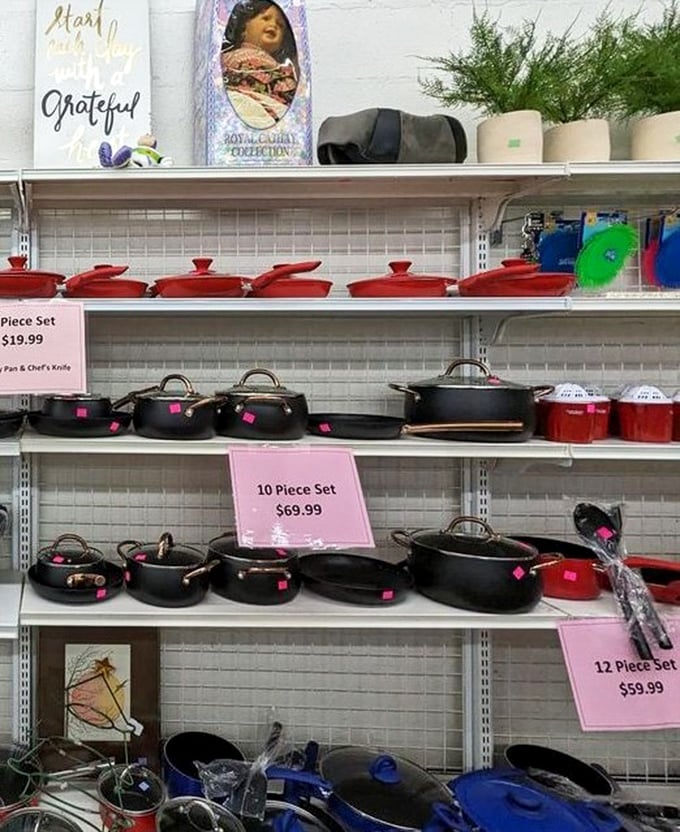 Cookware paradise where seasoned cast iron pans with decades of flavor wait for their next culinary adventure.