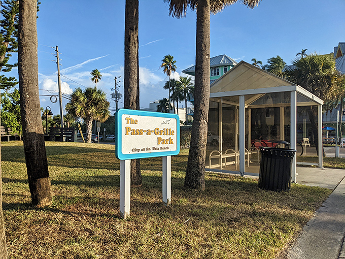 The Pass-a-Grille Park sign stands as a humble gateway to one of Florida's most charming beach communities.