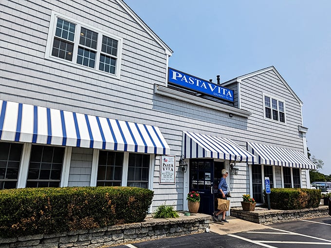 Pasta Vita's blue-and-white awnings aren't just decorative&mdash;they're beacons for carb enthusiasts seeking Italian comfort in classic New England wrapping.
