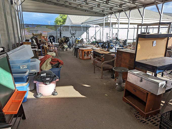 The outdoor section houses everything from garden tools to patio furniture. Your backyard makeover might be hiding under that covered area.