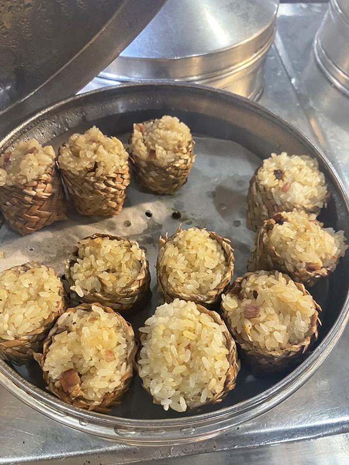 Delicate pearl balls steaming in bamboo baskets, bringing authentic dim sum elegance to this suburban buffet paradise.