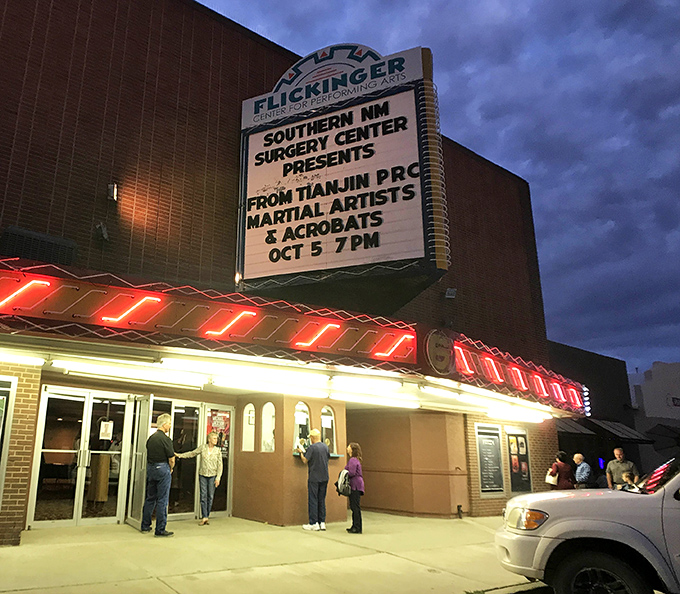 The Flickinger Center marquee lights up evening entertainment options, proving cultural experiences don't require big-city ticket prices.