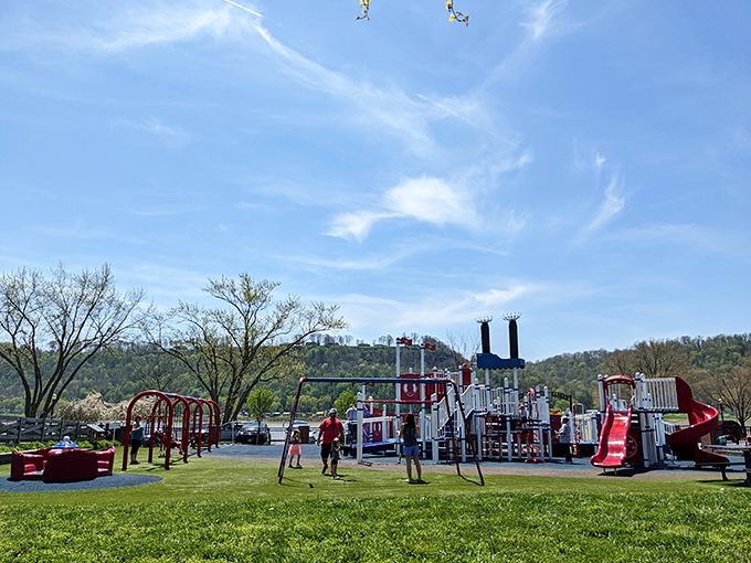 The riverfront playground at Hargan-Matthews Park where kids burn energy faster than their parents can say "be careful."