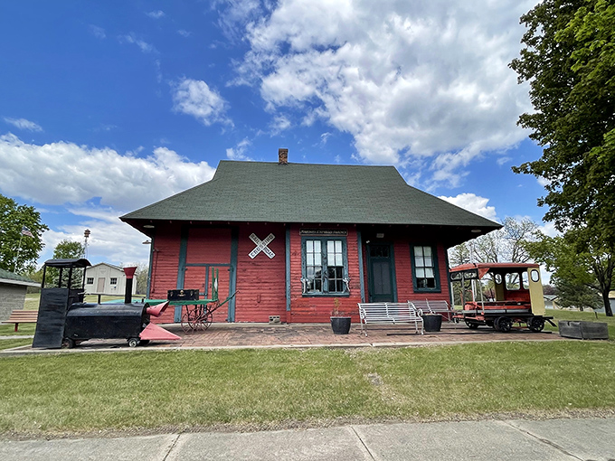The historic Pepin Depot Museum stands as a crimson reminder of the railroad's role in shaping this river town's past and present.