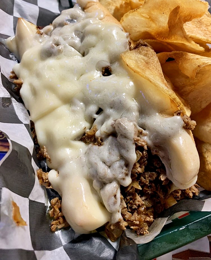 Cheese meets meat in a glorious union that would make Philadelphia proud, served alongside homemade chips for textural contrast.