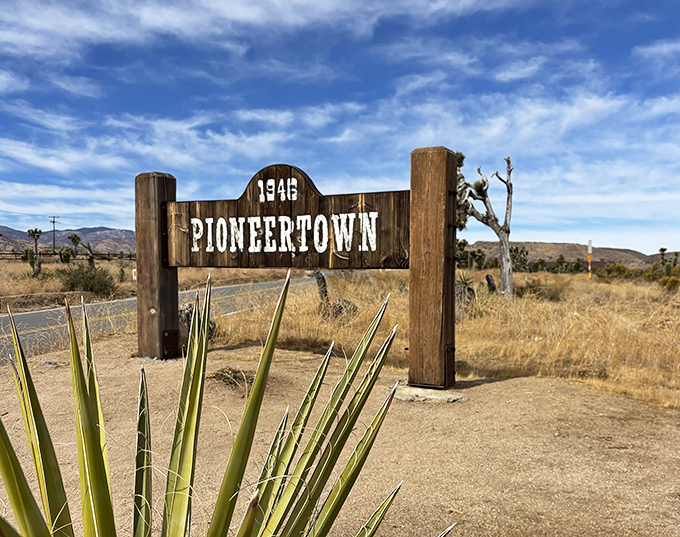 The 1946 Pioneertown sign welcomes modern-day explorers to a place where the Old West never ended—it just added indoor plumbing.