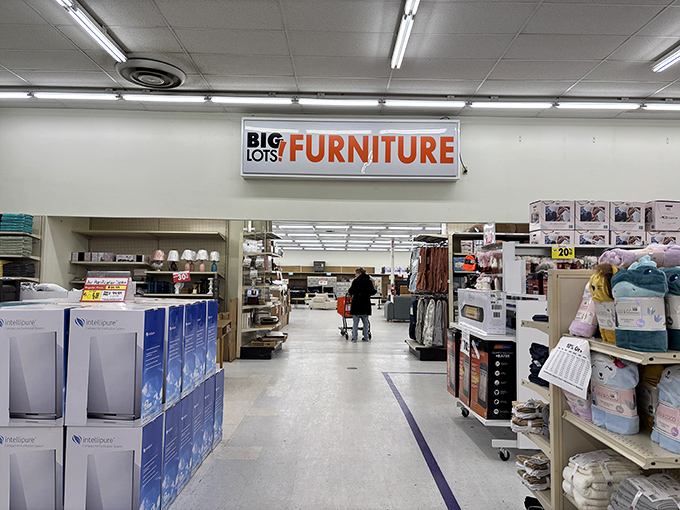 The furniture department sign marks the gateway to affordable home transformation &ndash; no fairy godmother required.